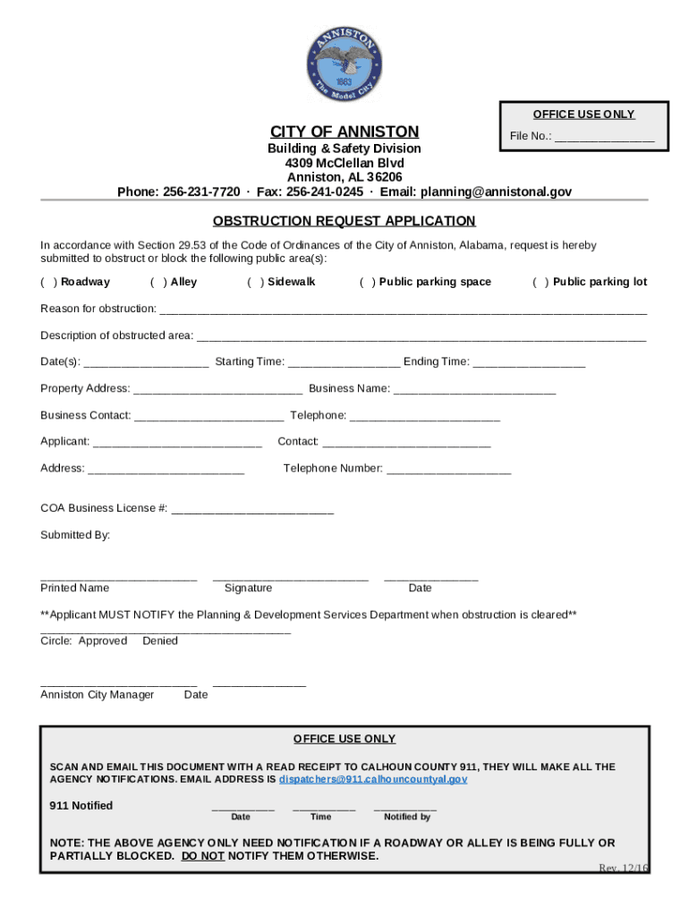 Obstruction Request Application - The City of Anniston Doc Template ...