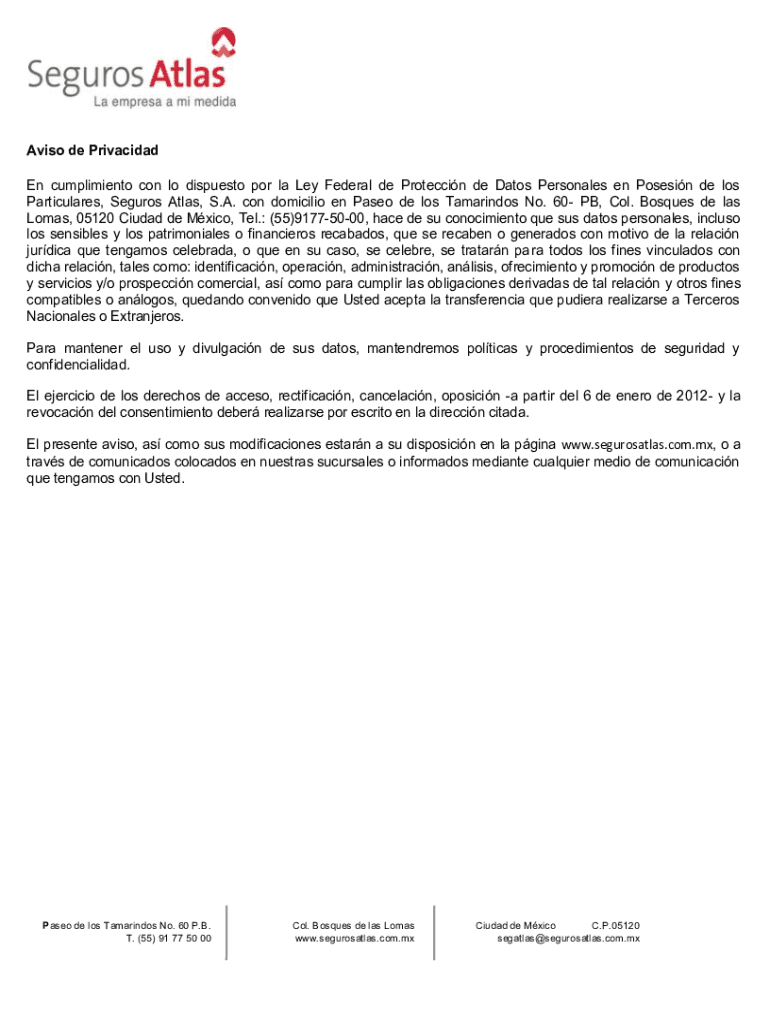 Fillable Online AVISO DE PRIVACIDAD Ley Federal de Proteccin de Datos ...
