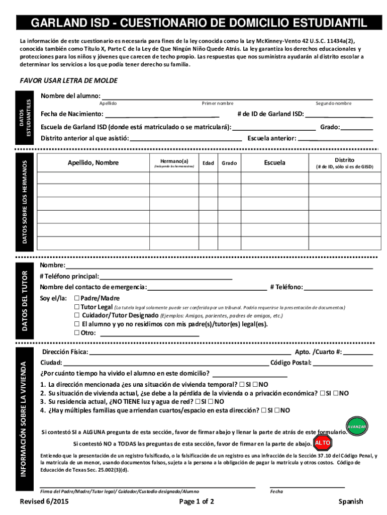 Fillable Online STUDENT RESIDENCY QUESTIONNAIRE - Garland ISD Fax Email Print - pdfFiller
