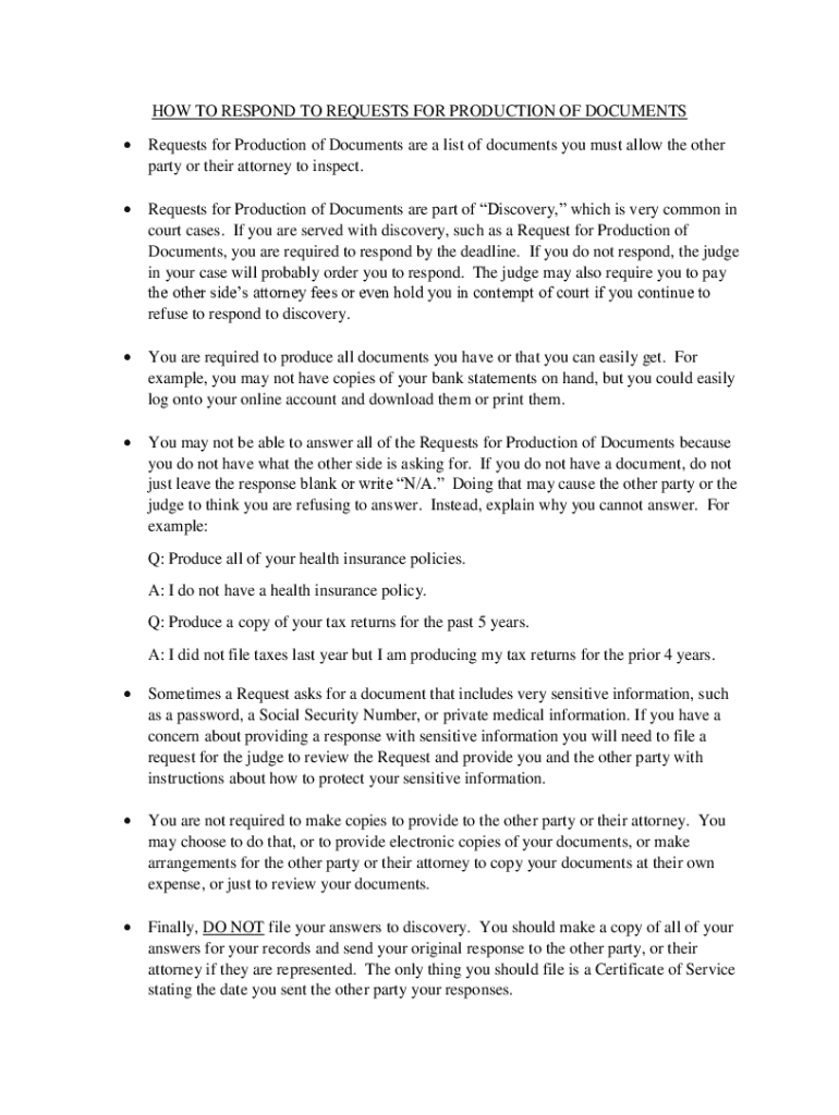 Fillable Online Understanding a Request for Production of Documents Fax ...