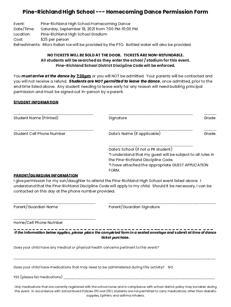 Fillable Online Fillable Online Homecoming Dance Permission Form - Pine ...