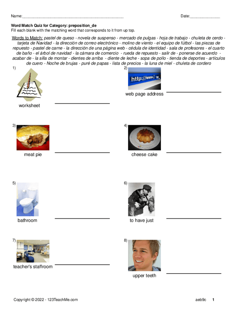 Fillable Online Word Match - Text: Free Printable Spanish Worksheets ...