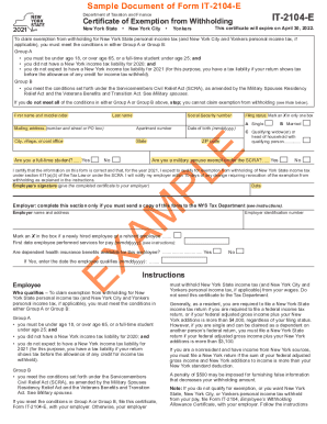 Fillable Online Form IT-2104-E Certificate of Exemption from ...