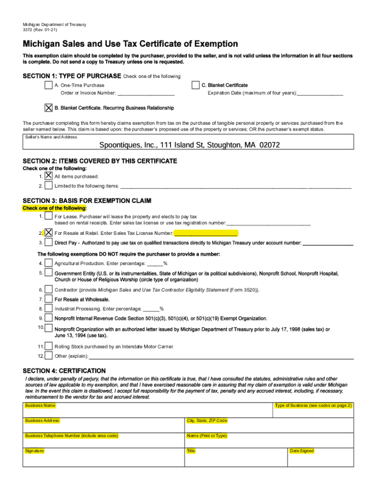 Fillable Online Michigan Sales and Use Tax Certificate of Exemption ...
