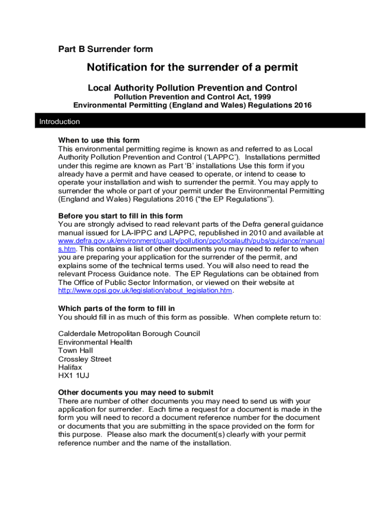 Fillable Online Notification of the surrender of a permit Part B form ...