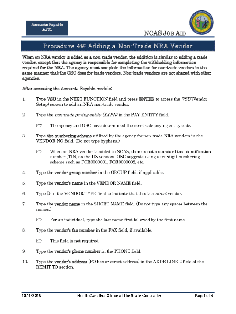 Fillable Online AP01 Procedure 49 Adding a Non-Trade NRA Vendor - NC ...