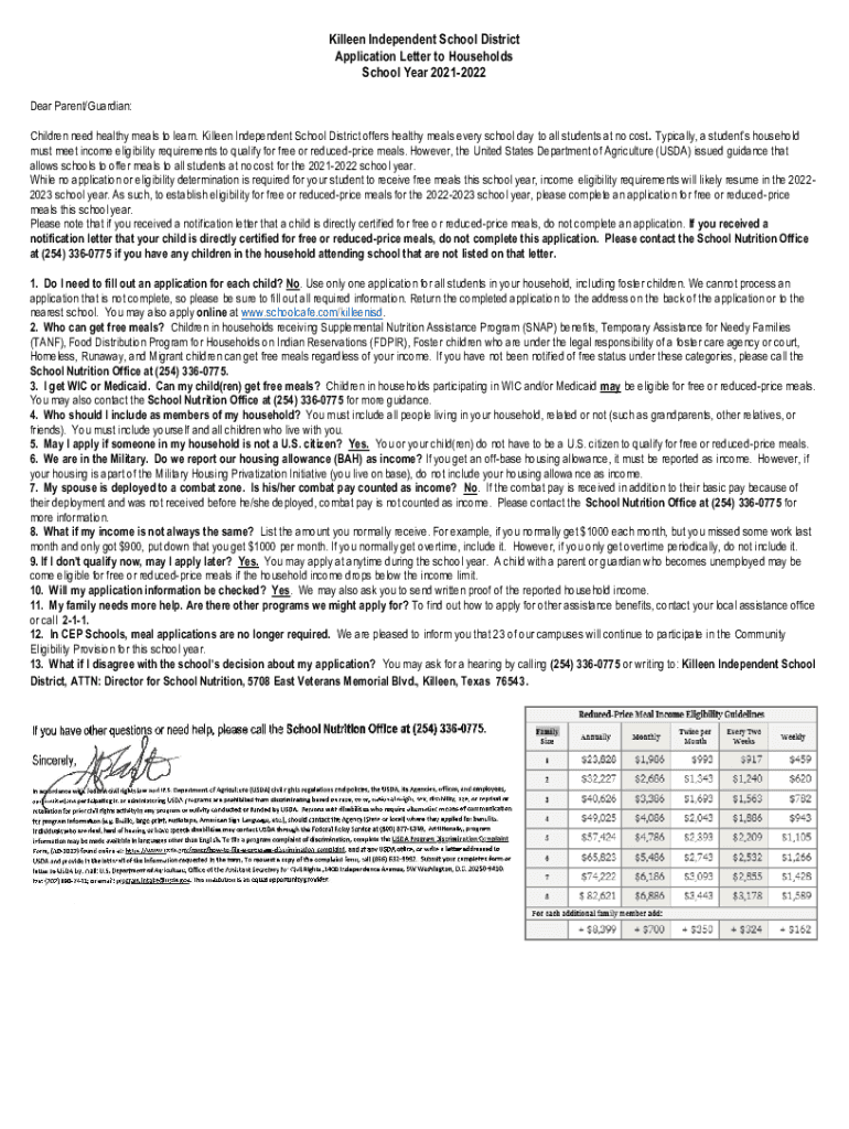 Fillable Online KISD Meals ApplicationApply For Free or Reduced Meals ...