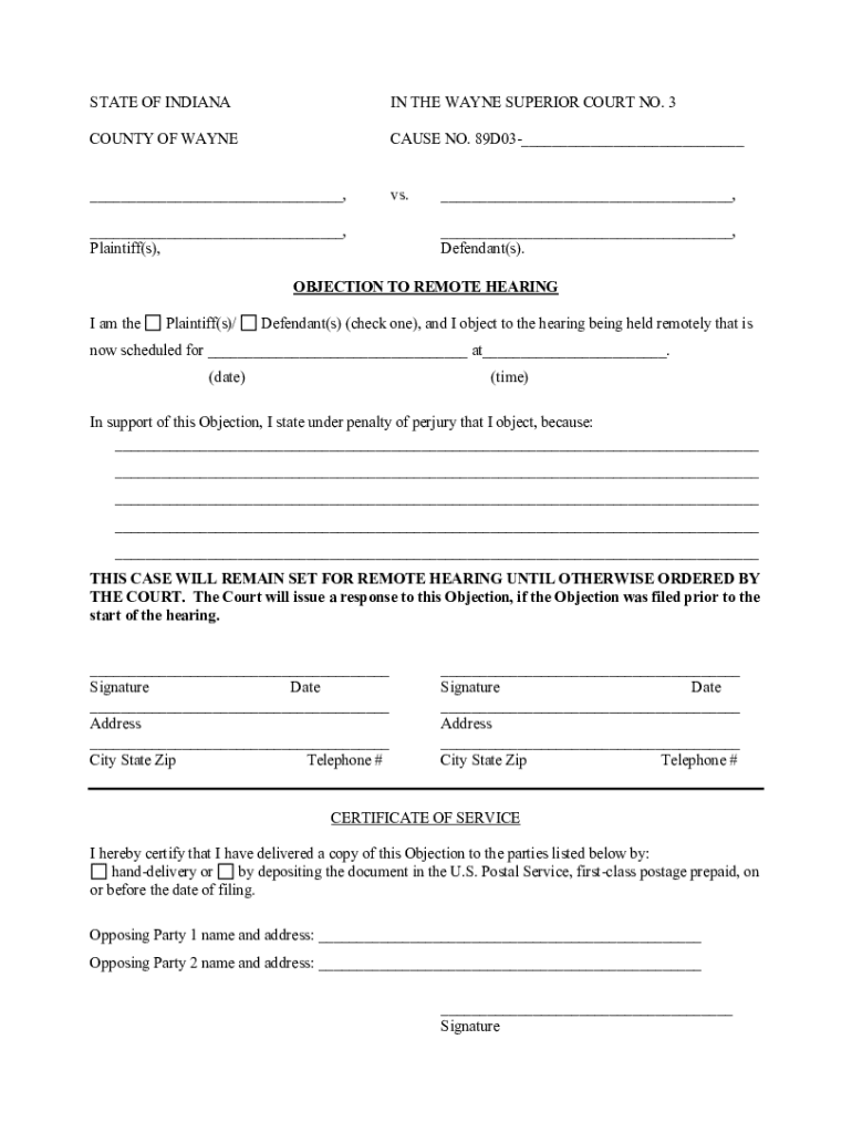 Fillable Online Fillable Online STATE OF INDIANA WAYNE SUPERIOR COURT ...