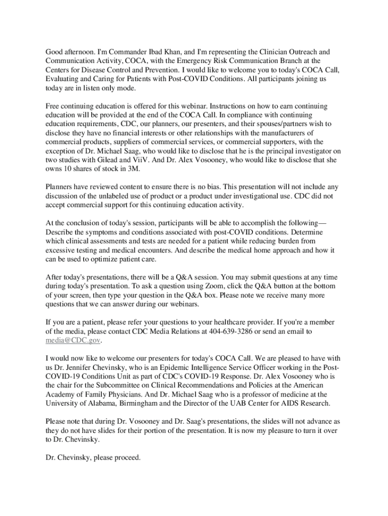 Fillable Online emergency cdc Good afternoon. I'm Commander Ibad Khan ...