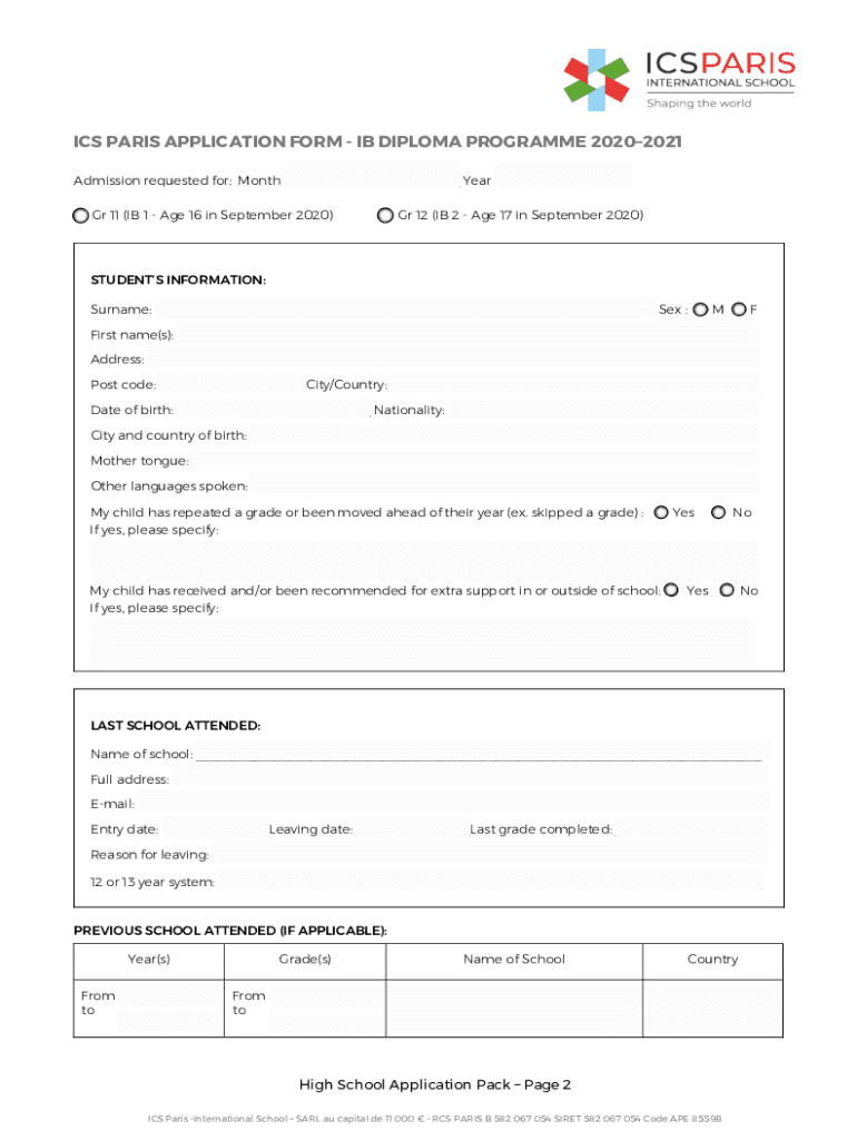 Fillable Online ICS PARIS International Baccalaureate Diploma Programme ... Fax Email Print ...