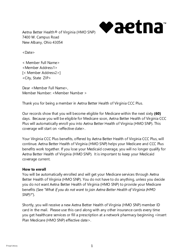 Fillable Online Aetna Better Health of Virginia 60-day letter without ...
