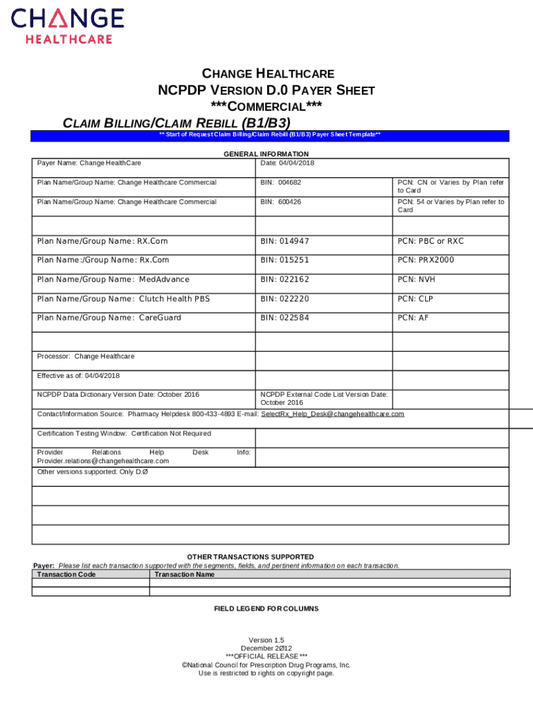 CHANGE HEALTHCARE NCPDP VERSION D.0 PAYER SHEET ... Doc Template ...