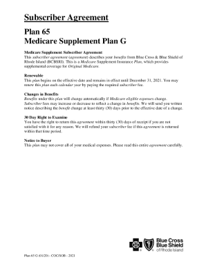Fillable Online Subscriber Agreement - Plan 65 Medicare Supplement Plan ...