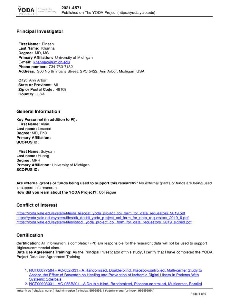Fillable Online yoda yale Principal Investigator General Information ...