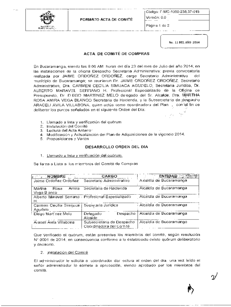 Fillable Online PDF ACTA DE COMIT COMPRAS 409 En Bucaramanga, siendo las 4 ... Fax Email Print ...