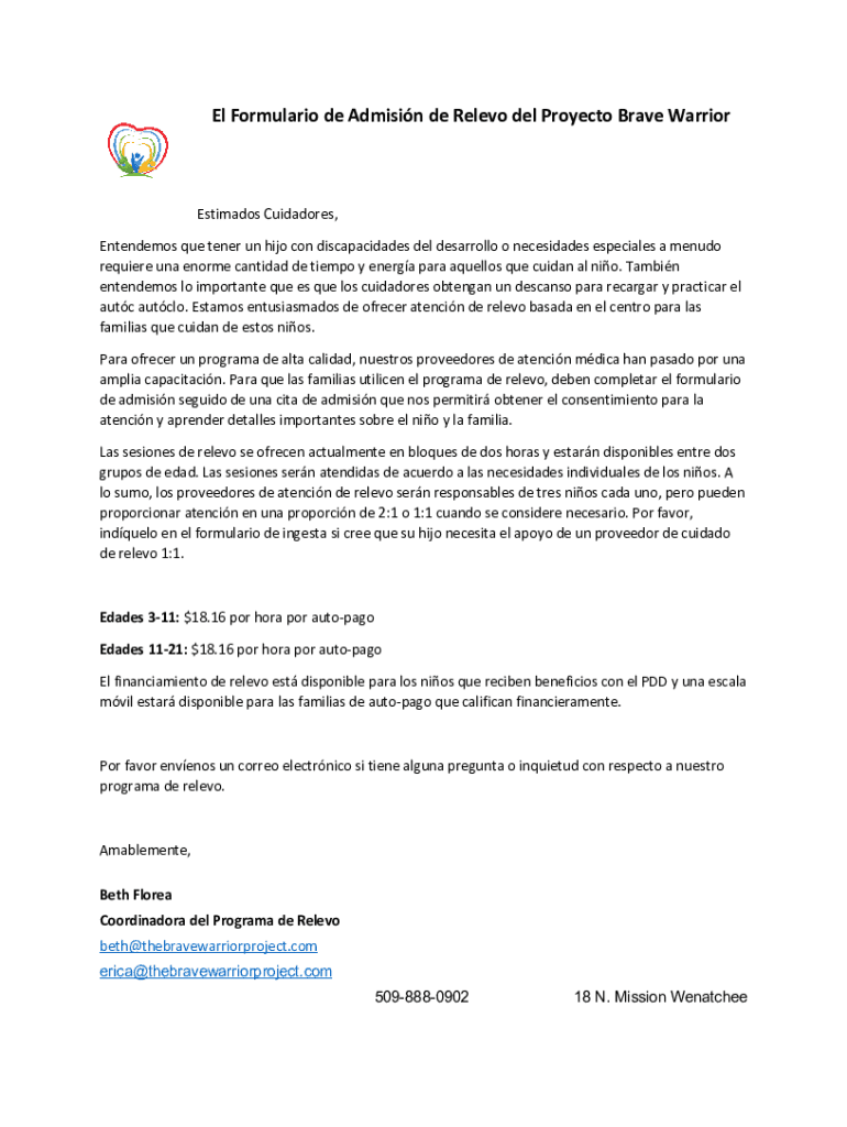 Fillable Online Spanish Respite intake Form - Brave Warrior Project Fax ...