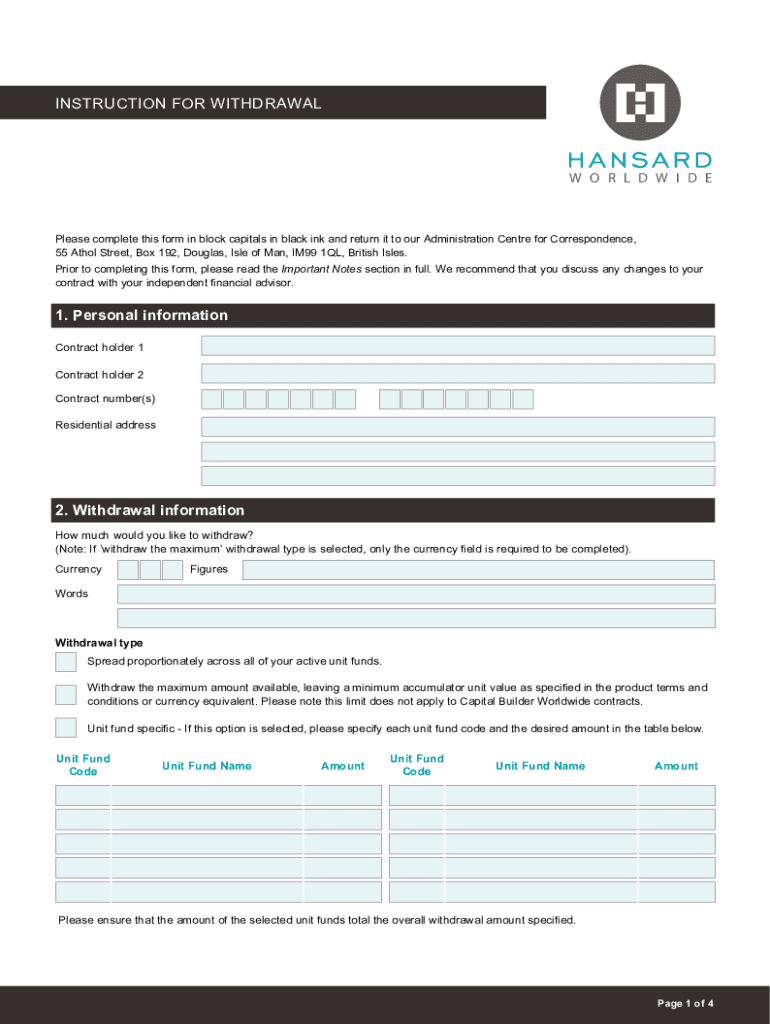 Fillable Online Instruction for Withdrawal. Instruction for Withdrawal ...