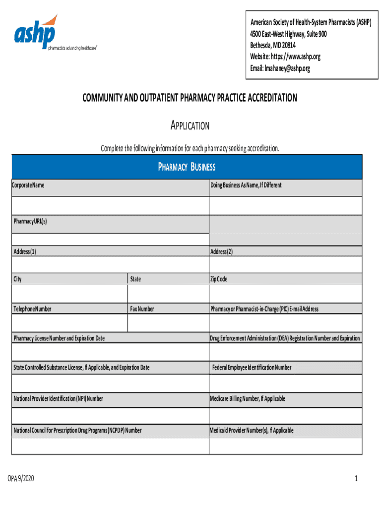 Fillable Online Application for ASHP Community and Outpatient Pharmacy ...
