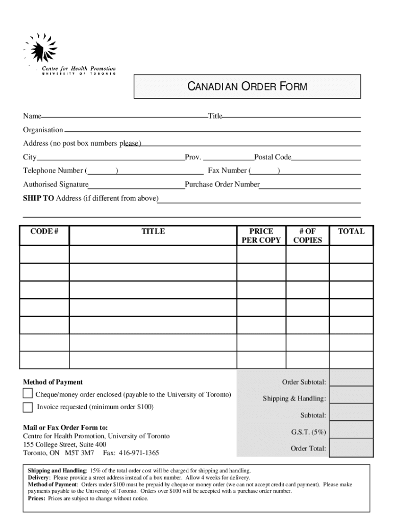 Fillable Online CANADIAN ORDER FORM - University of Toronto Fax Email ...