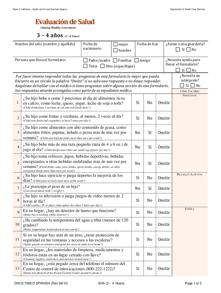 Fillable Online Staying Healthy Assessment Questionnaires (SHA) - DHCS ...