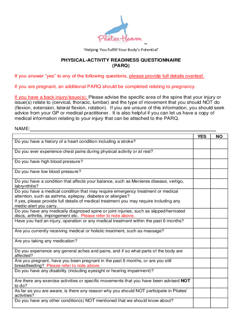 Fillable Online Physical Activity Readiness Questionnaire (PAR-Q ...