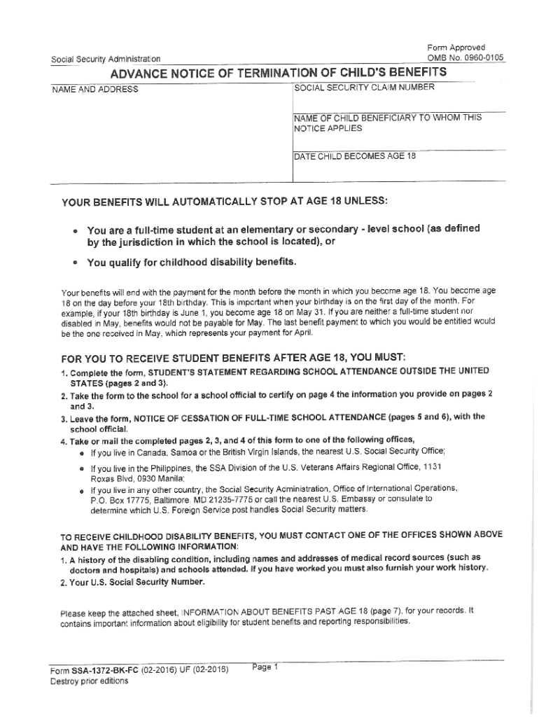 Fillable Online Form SSA 1372 BK FC SSA 1372 BK FC Student's Statement ...