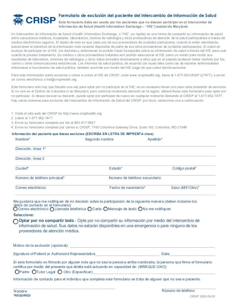 Fillable Online Formulario de exclusin del paciente del Intercambio ... - CRISP Fax Email Print ...