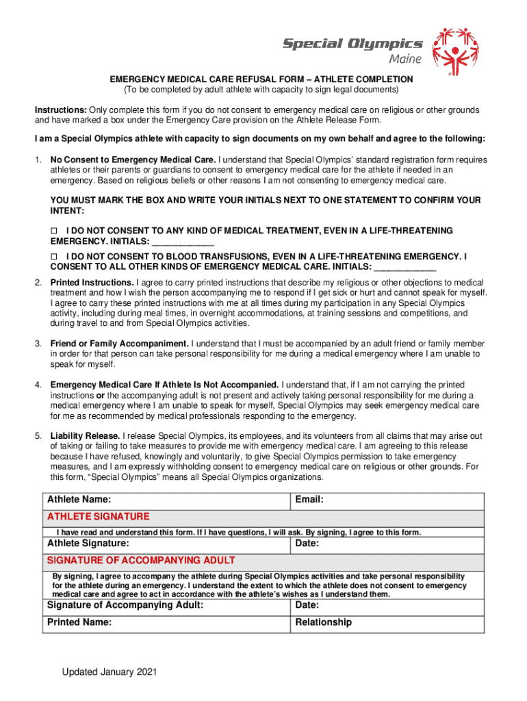 Fillable Online www.sonh.orgEmergency-Care-Refusal-AthleteEMERGENCY ...