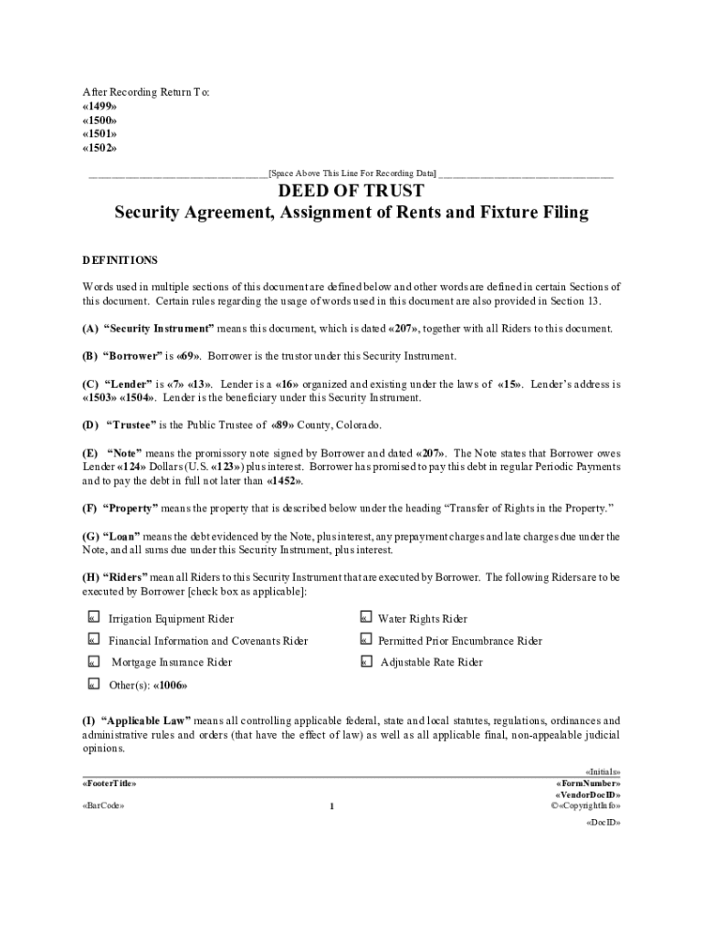 Fillable Online DEED OF TRUST Security Agreement, Assignment of Rents ...