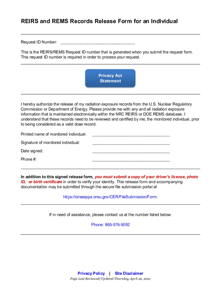 Fillable Online REIRS and REMS Records Release Form for an Individual ...