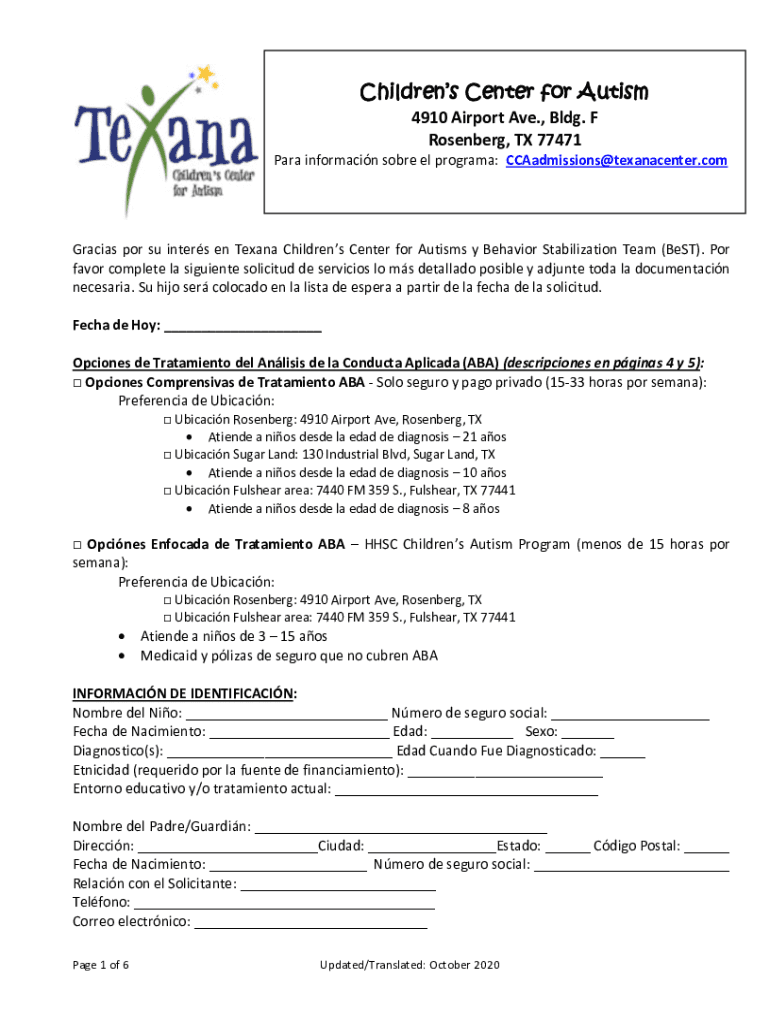 Fillable Online Children's Center for Autism at Rosenberg - Texana Fax ...