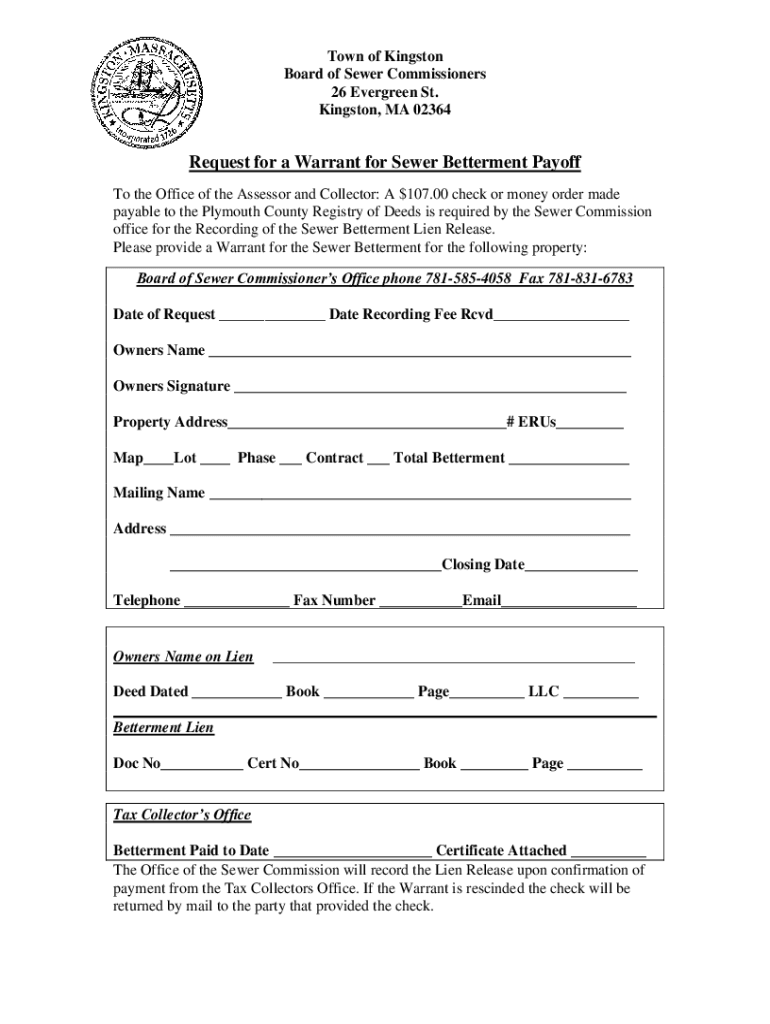 Fillable Online Request for a Warrant for Sewer Betterment Payoff Fax ...