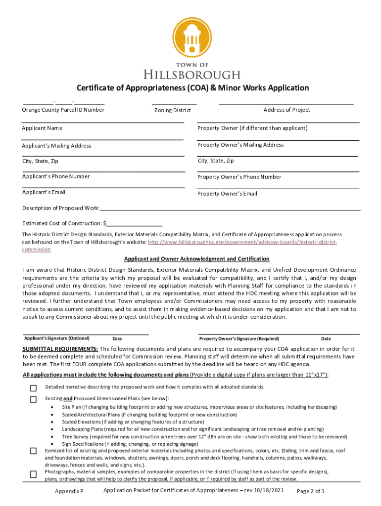 Fillable Online Certificate of Appropriateness (COA) & Minor Works Application Fax Email Print ...