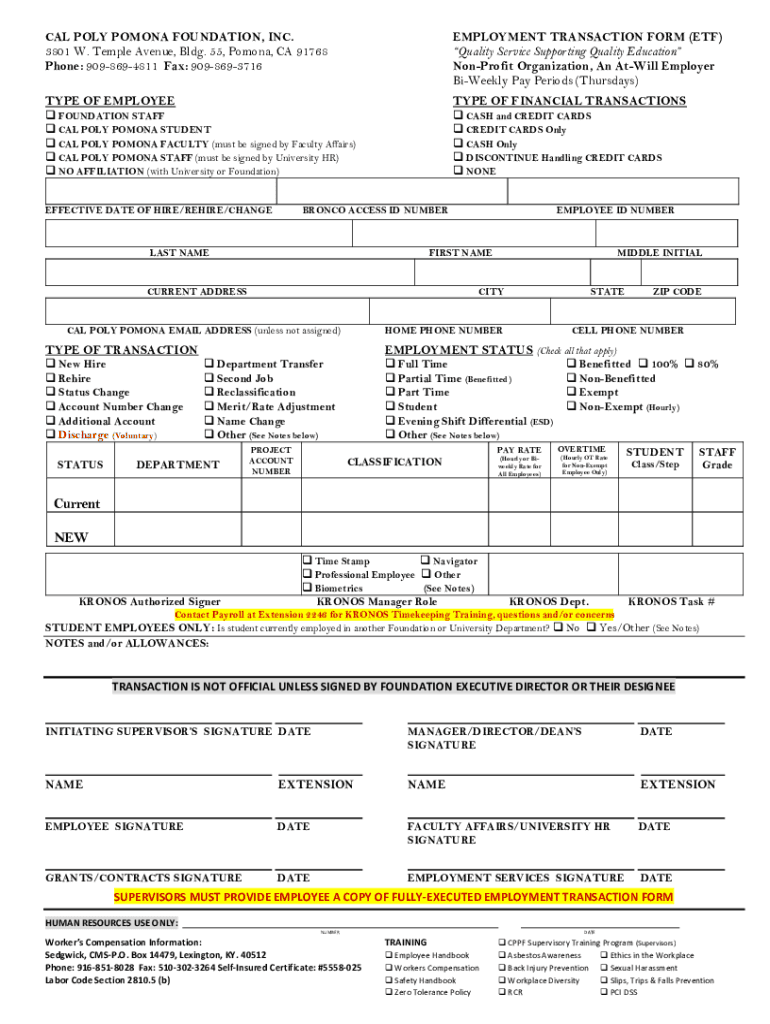 Fillable Online PDF Employment-Transaction-Form.pdf - Cal Poly Pomona Foundation, Inc. Fax Email ...