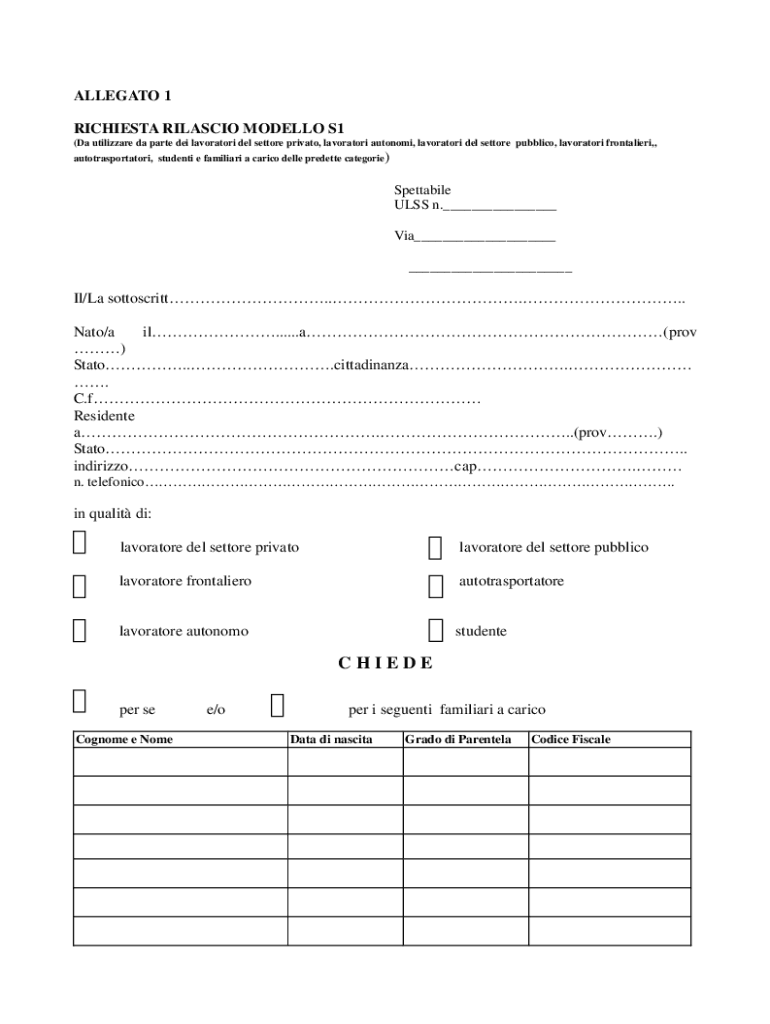 Fillable Online Modello S1 per gli impiegati a contratto in servizio ...