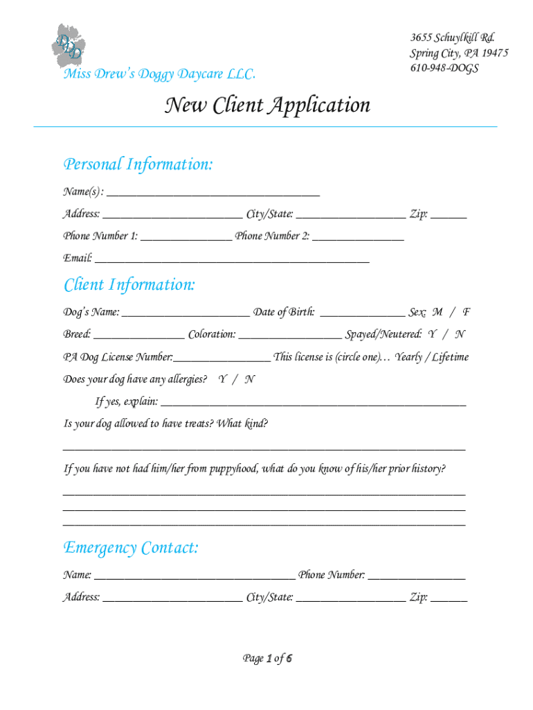 Fillable Online New Client Application - Miss Drew's Doggy Daycare Fax ...