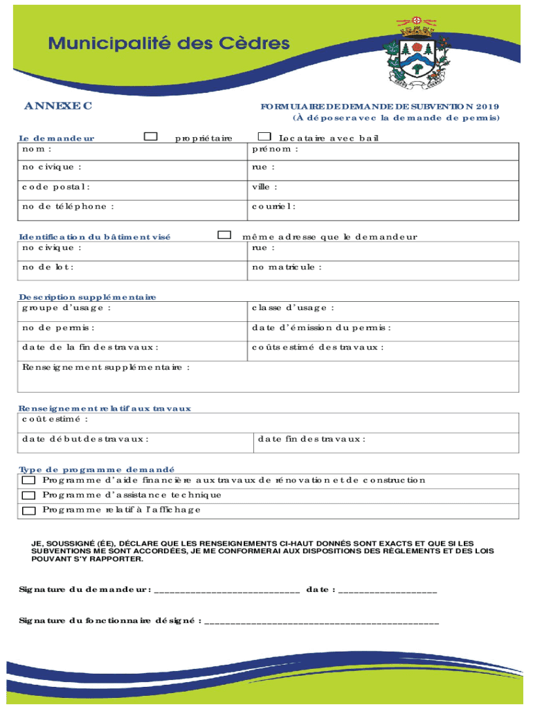 Fillable Online ANNEXE C FORMULAIRE DE DEMANDE DE SUBVENTION Fax Email Print - pdfFiller