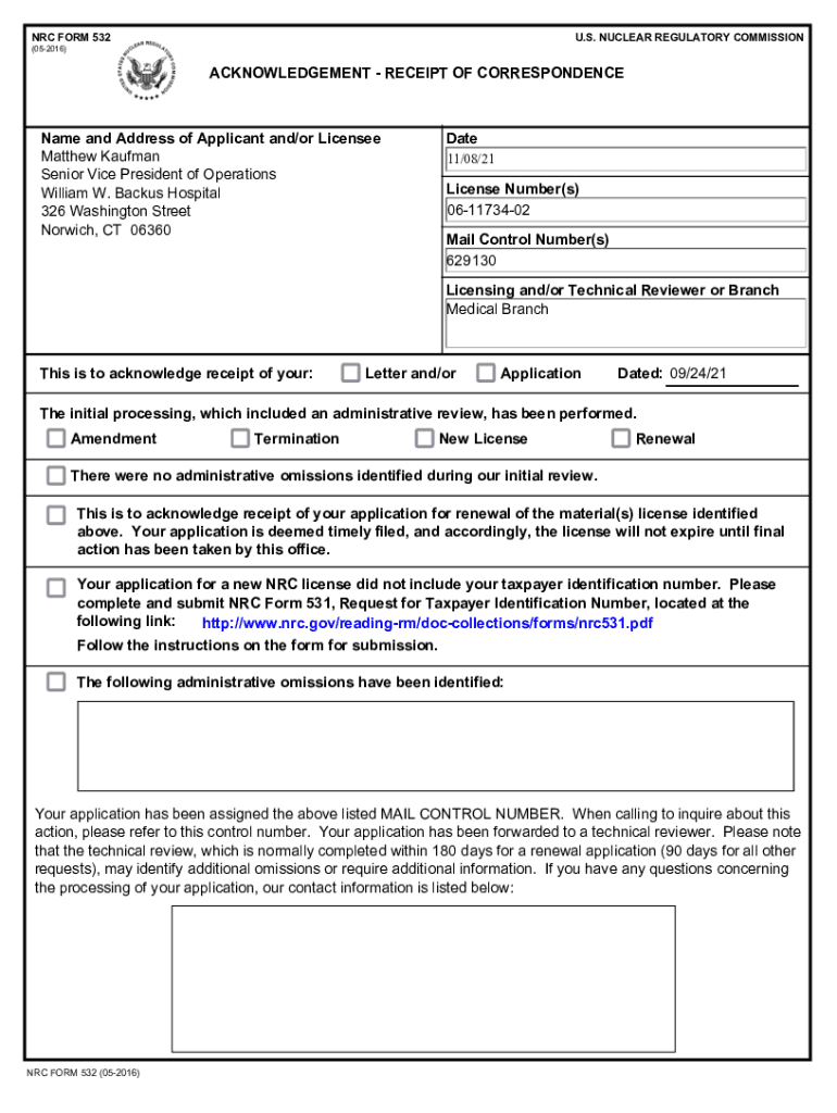 Fillable Online William W. Backus Hospital; RC Form 532 Acknowledgement of Receipt, Mail Control ...