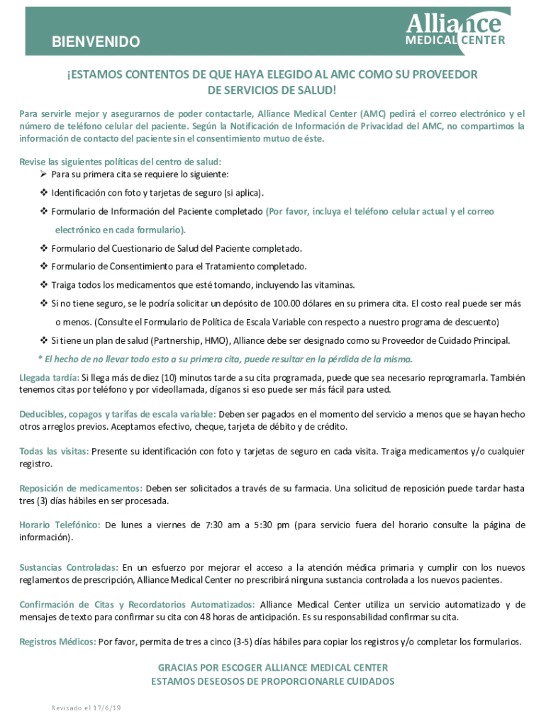 Fillable Online BIENVENIDO MEDICAL CENTER ESTAMOS CONTENTOS DE QUE HAYA ...