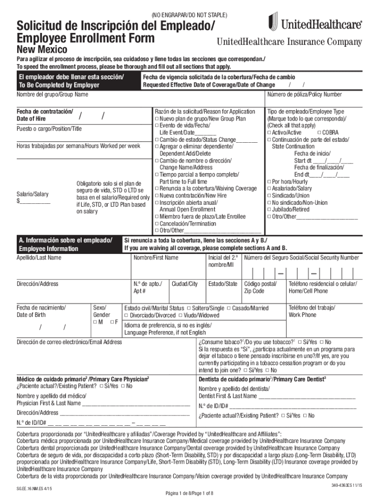 Fillable Online Fillable Online Formulario de Inscripcin del Empleado ...