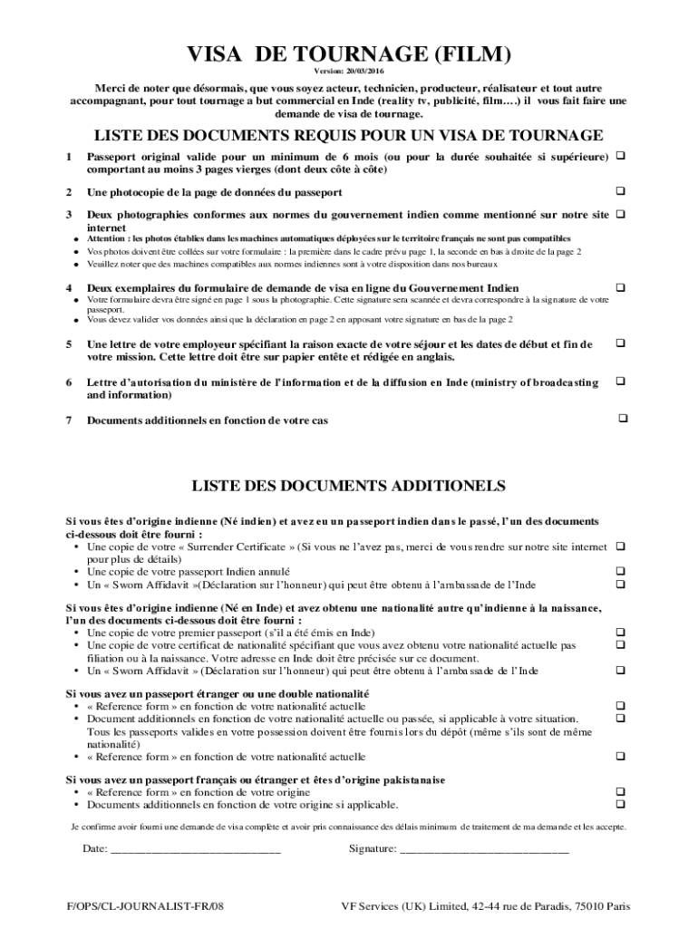 Fillable Online www.vfsglobal.comindiafranceLISTE DES DOCUMENTS REQUIS POUR UN VISA DE TOURNAGE ...