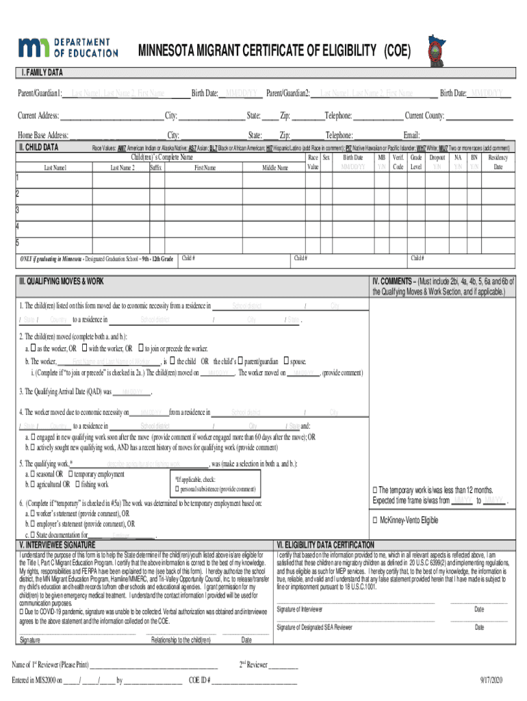 Fillable Online MINNESOTA MIGRANT CERTIFICATE OF ELIGIBILITY (COE ...