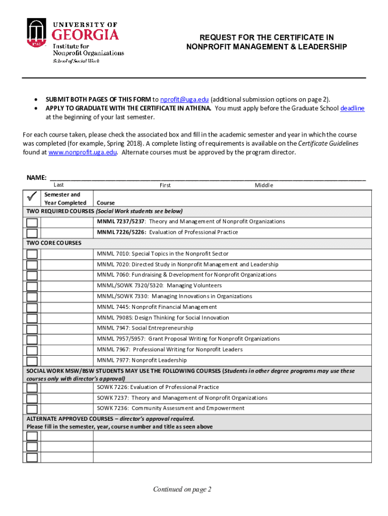 Fillable Online ssw uga REQUEST FOR THE CERTIFICATE IN NONPROFIT ...