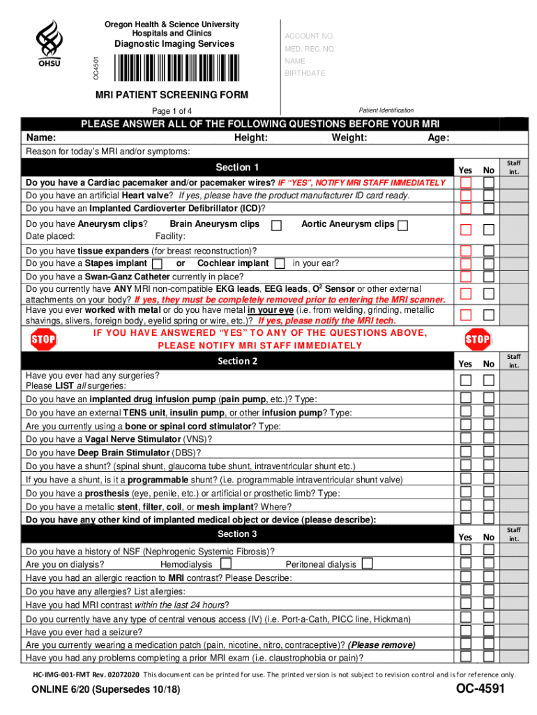 Fillable Online PDF Patient Screening Form - MRI - MC2609 Fax Email Print - pdfFiller