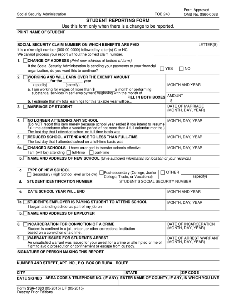 Fillable Online Form SSA 1383 SSA 1383 Student Reporting Form. Student ...