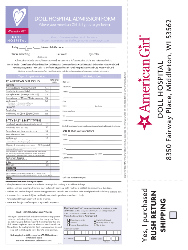 Fillable Online Get Doll Hospital Admission Form - American Girl Fax ...