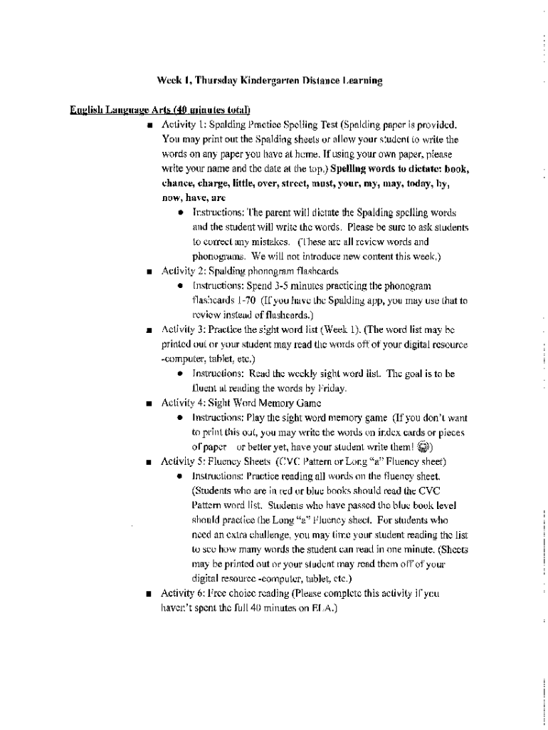 Fillable Online Kindergarten at Home - Week One (Distance Learning) by ...