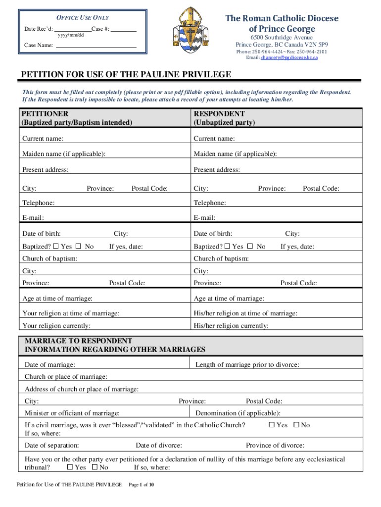 Fillable Online Pauline Privilege Request Form - Diocese of Prince ...