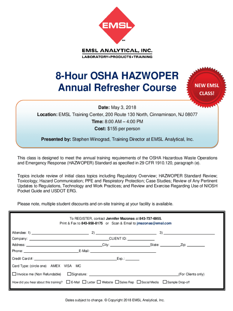 Fillable Online 8-Hour OSHA HAZWOPER Annual Refresher Course - EMSL ...