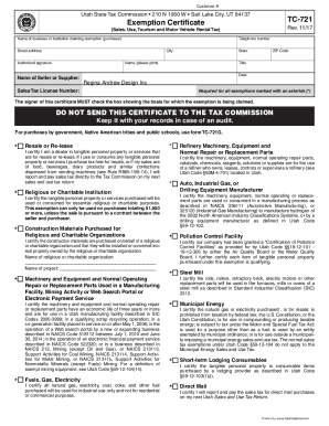 Fillable Online TC-721A, Utah Sales Tax Exemption Affidavit for ...